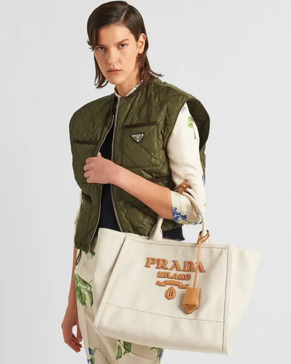 Prada Large Top Handle Bag With Logo Appliqu In Neutral Color - 32